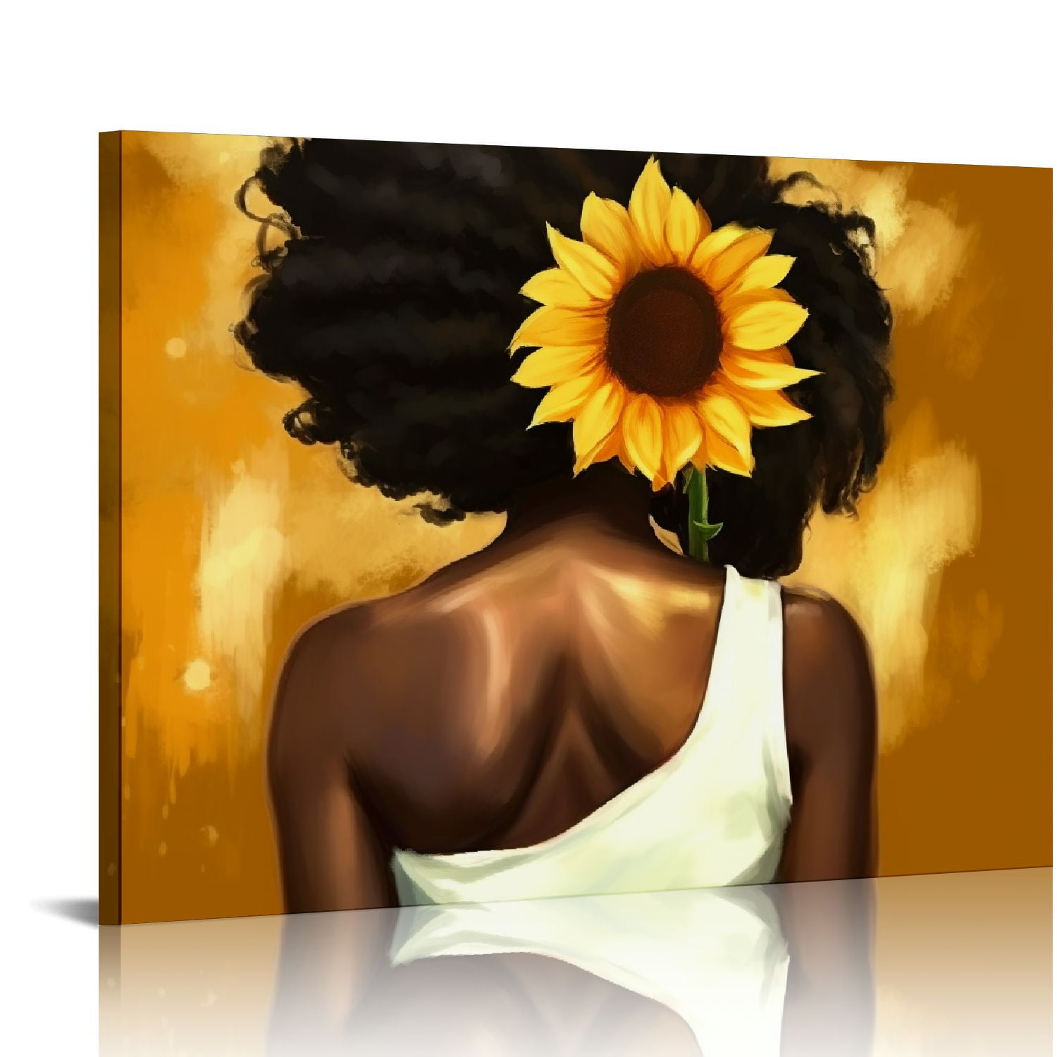 JEUXUS African American Wall Art Sunflower Black Woman Canvas Print Black Girl And Flower ...