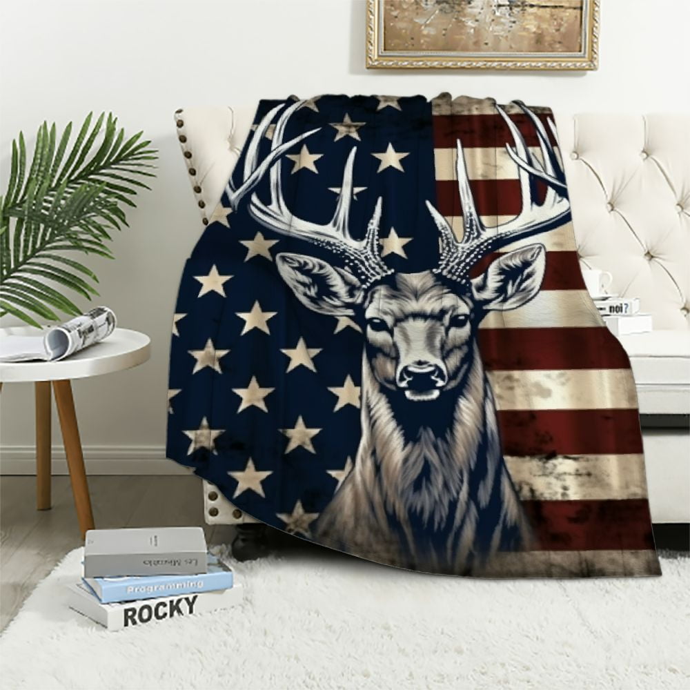 JEUXUS American Flag Blanket American Flag USA Camo Buck Deer Hunting ...