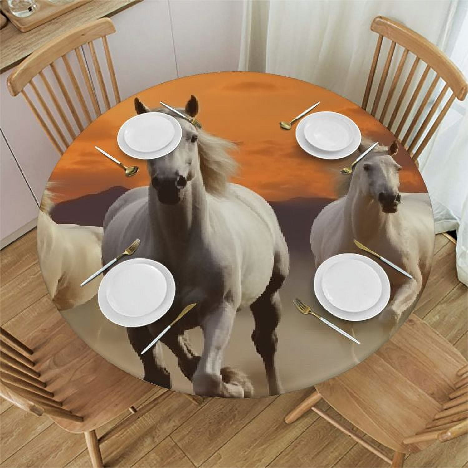 JEUXUS Animal Decor Round Tablecloth Fitted,Stallion Horses Running on ...
