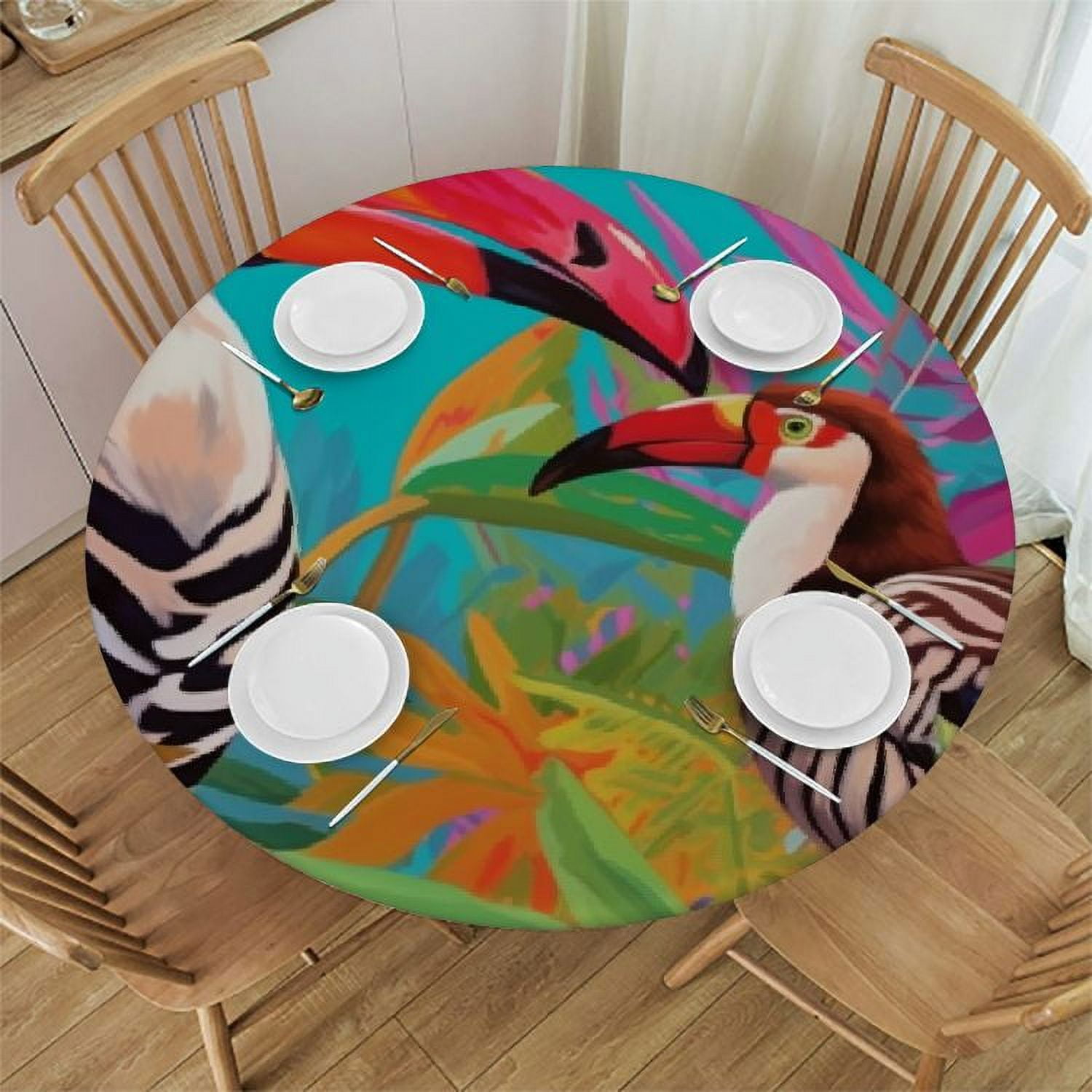JEUXUS Animal Parrot Tropical Bird Round Tablecloth,Waterproof Table ...