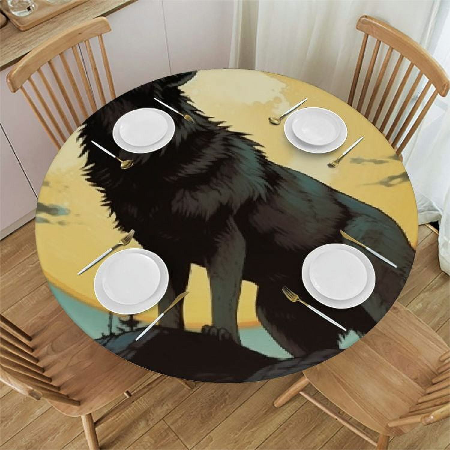 JEUXUS Animal Wolf Moon Round Table Cover Elastic Fitted Edged ...