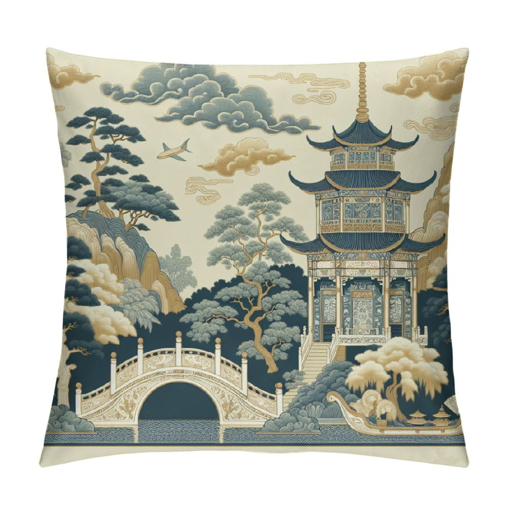 JEUXUS Asian Style Throw Pillow Cover White Blue Chinoiserie Pagoda ...