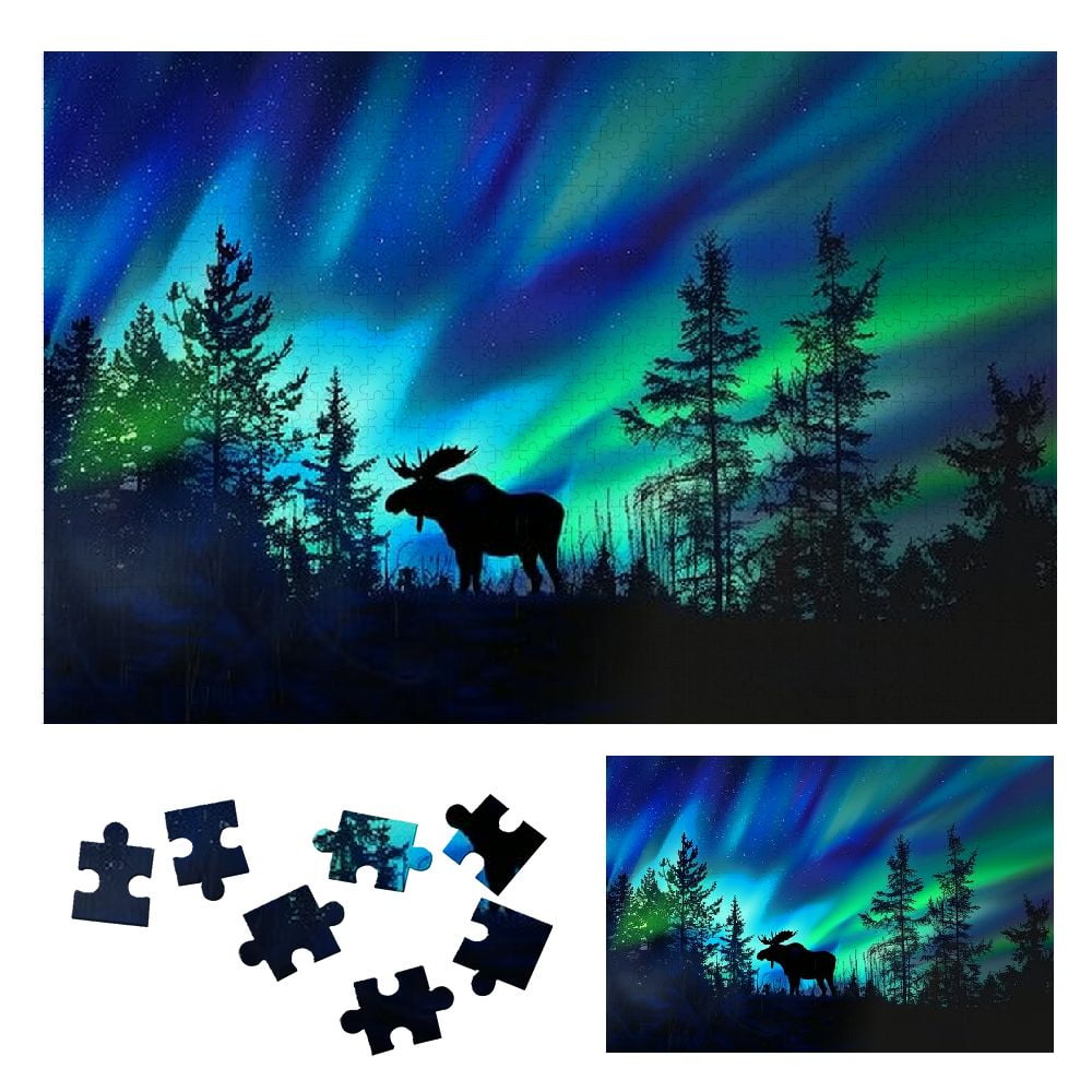 JEUXUS Aurora Borealis Moose Mystical Colors Wooden Jigsaw Puzzle for ...