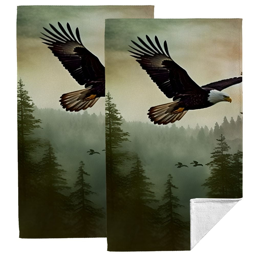 JEUXUS Bald Eagle Forest Sky Soft Bath Towel Absorbent Hand Towels 27.5*16in 2-Pack for Kitchens ...