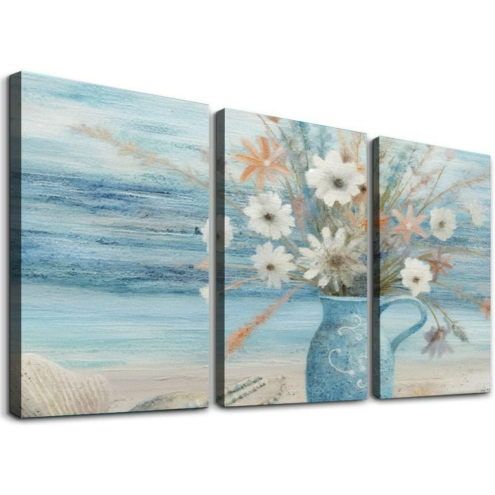 JEUXUS Bathroom Decor Wall Art Blue Beach Picture Ocean Theme Flower ...