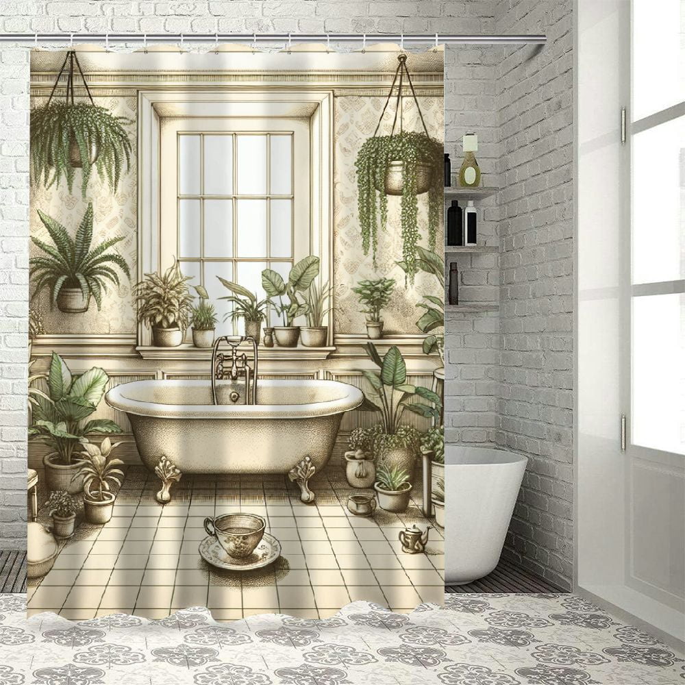 JEUXUS Bathroom Shower Curtain, Oasis Scene with Fiddle Leaf Plants ...
