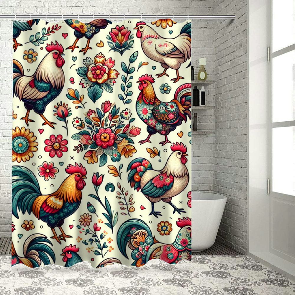 JEUXUS Bathroom Shower Curtain Set with Hooks Watercolor Chicken is ...