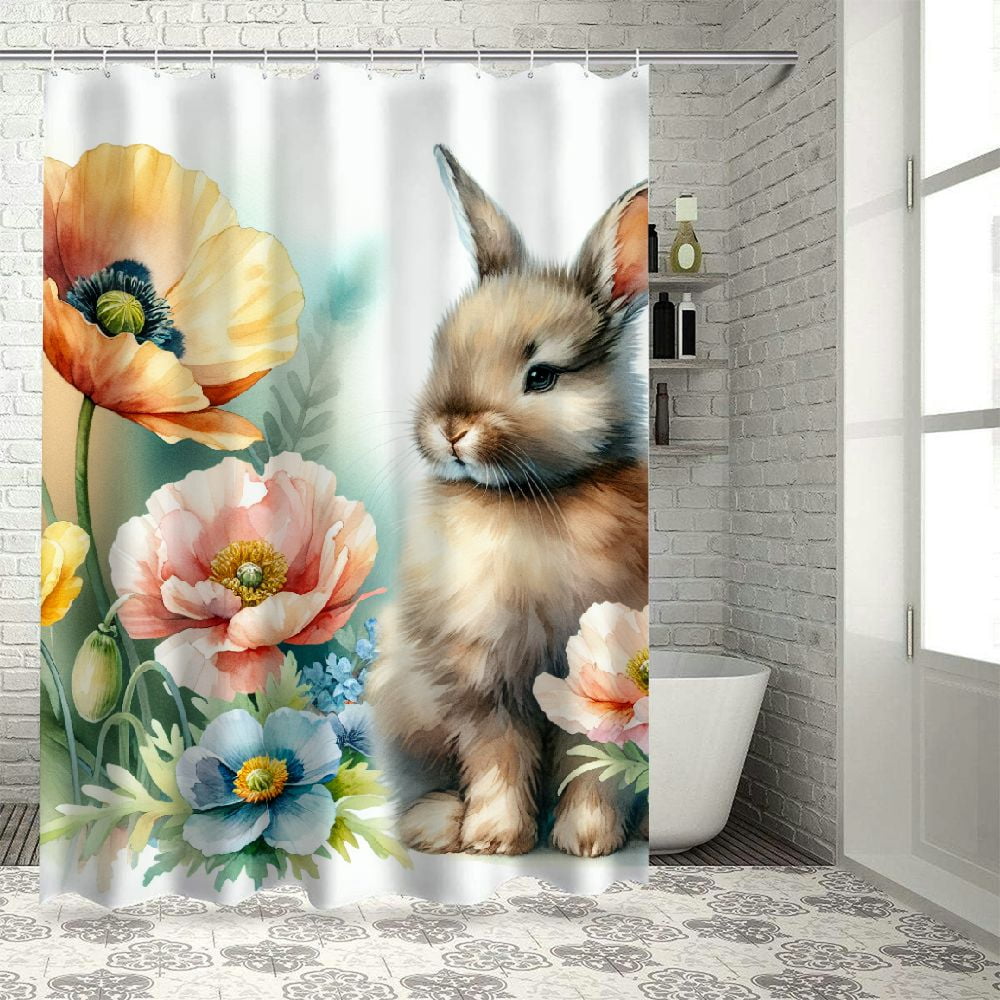 JEUXUS Bathroom Spring Softies Bunnies with Flowers Shower Curtain ...
