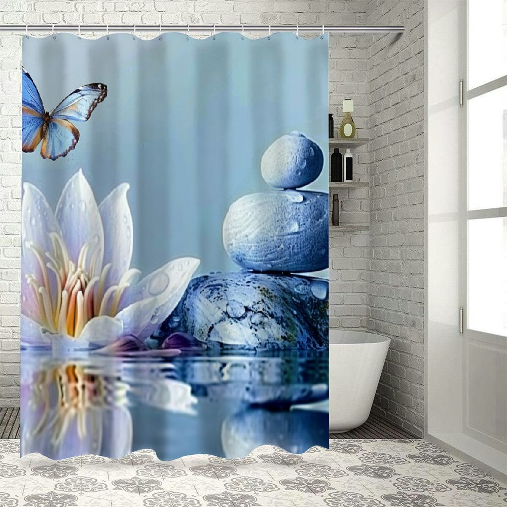 JEUXUS Bathroom Zen Floral Blue Water Lily and Butterfly Stone Shower ...
