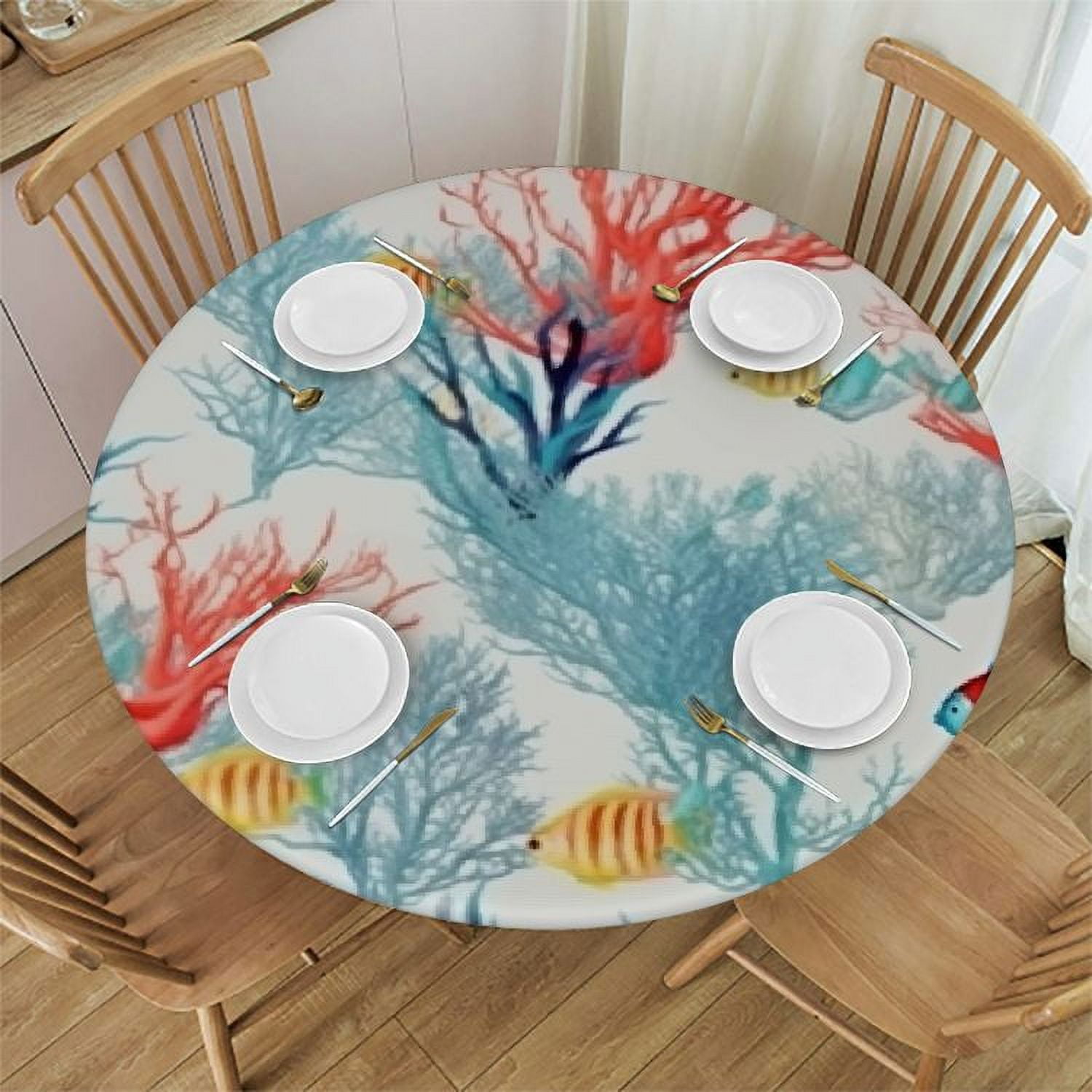 JEUXUS Beach Coastal Tablecloth Round Summer Ocean Coral Table Cloth ...