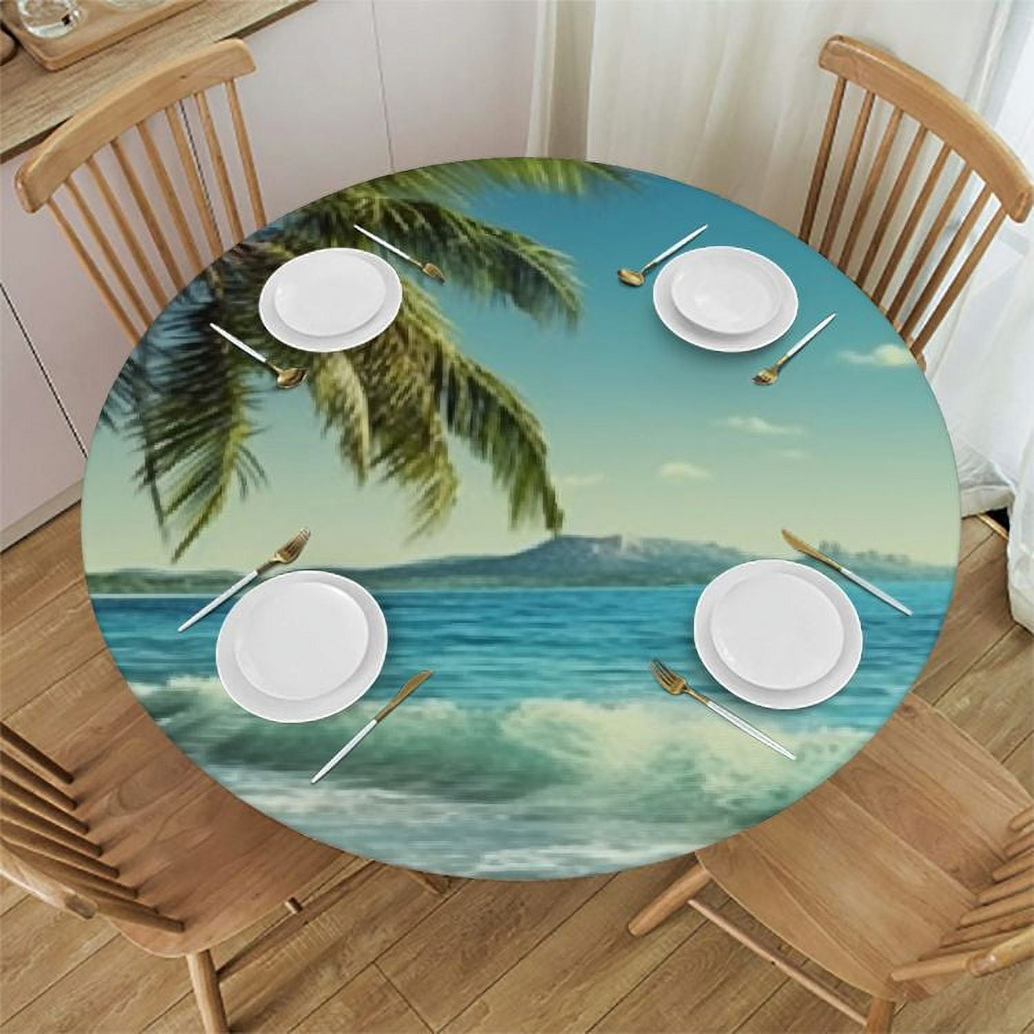 JEUXUS Beach Pattern Round Fitted Tablecloth,Elastic Edge,Suitable for ...