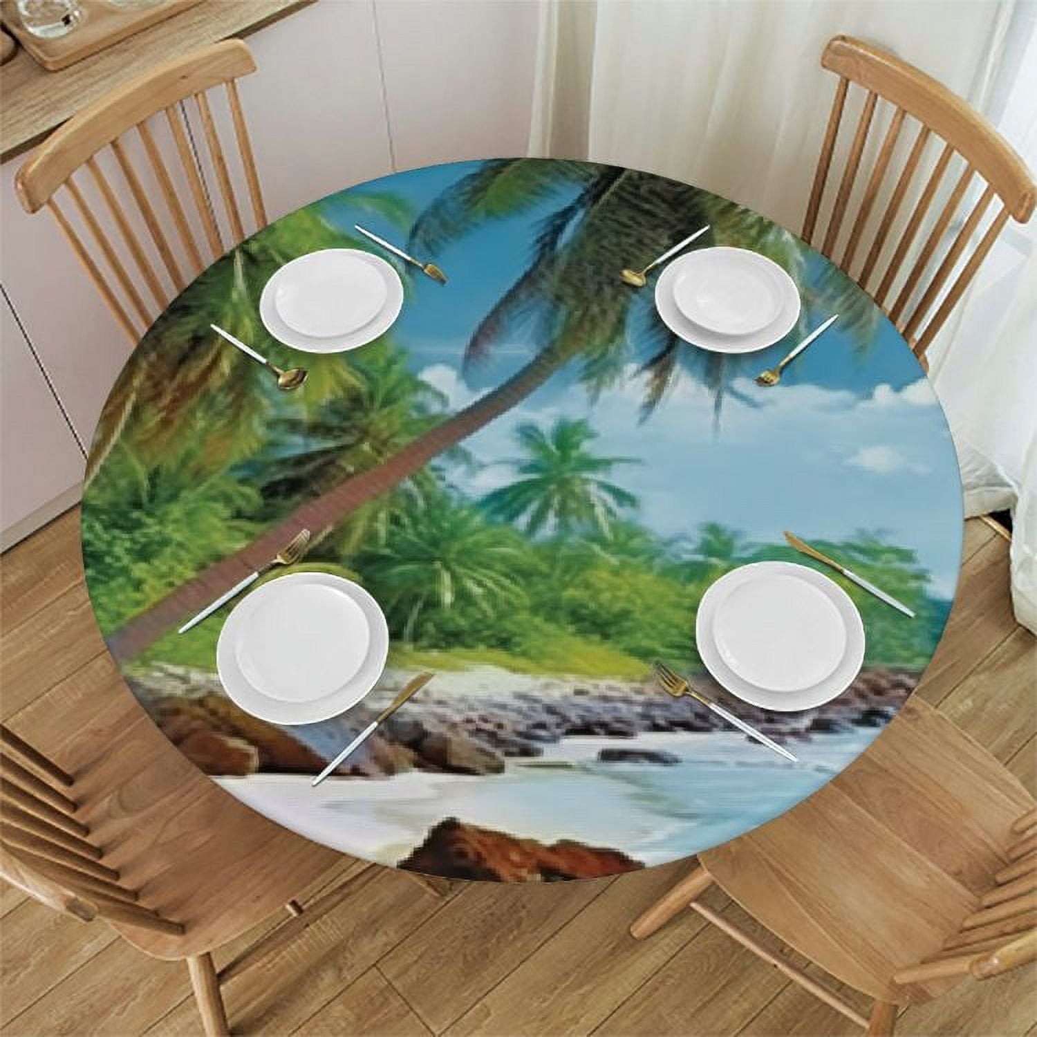JEUXUS Beach Pattern Round Fitted Tablecloth,Elastic Edge,Waterproof ...