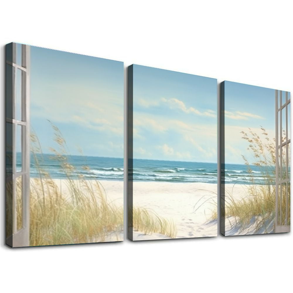 JEUXUS Beach Window Wall Art Canvas: Relaxing Bedroom Living Room Blue ...