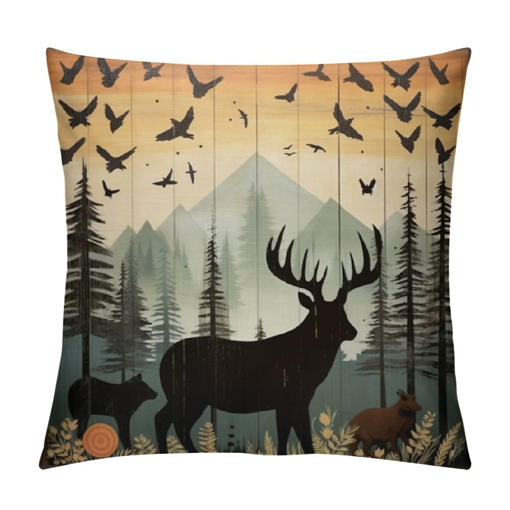 RUIYC Bear Deer Pillow Cover Rustic Elk Moose Moutain Wood Plank ...