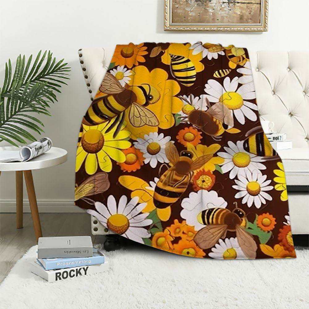 JEUXUS Bee Plush Throw Blanket, for Sofa Couch Kids Retro Hippie Flower ...