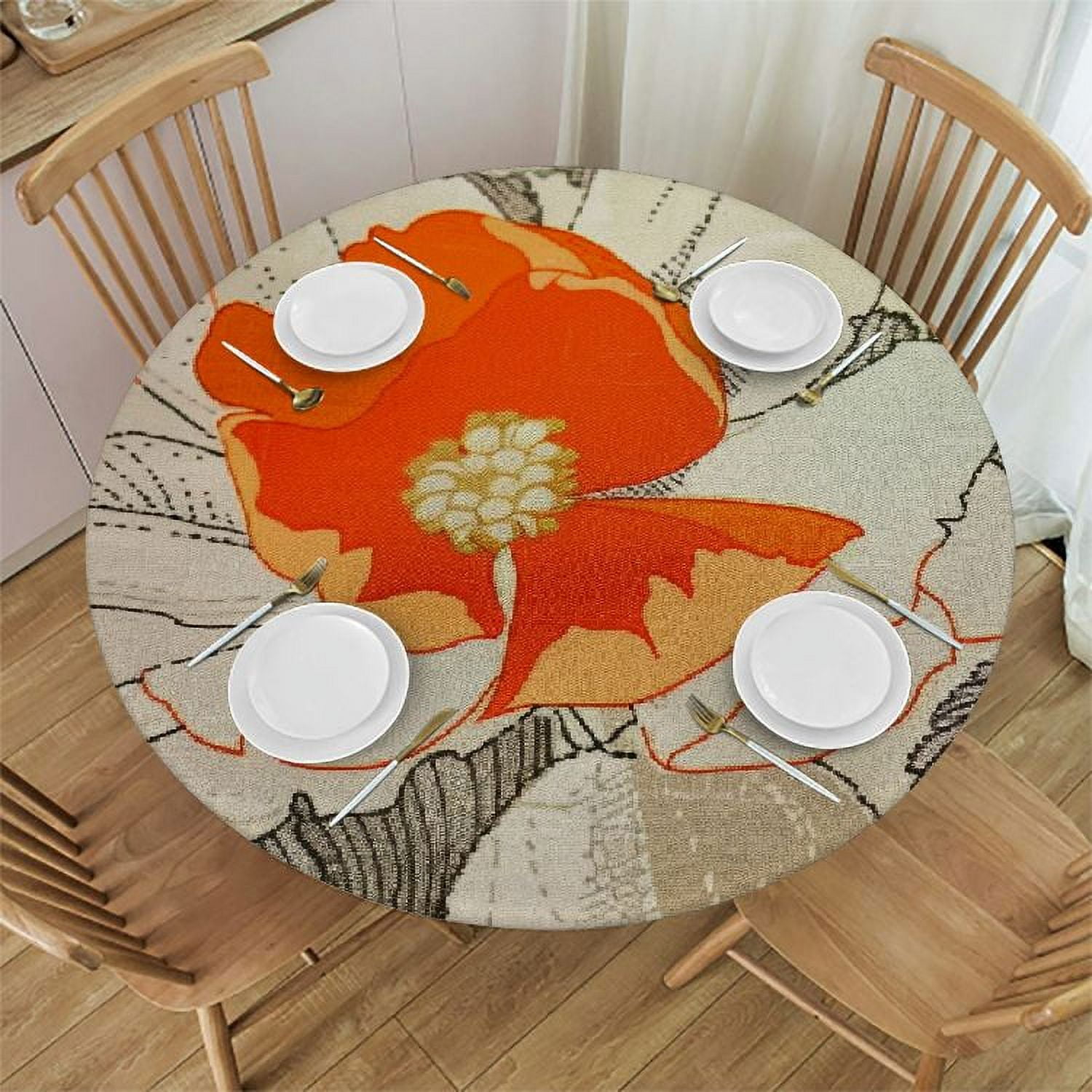 JEUXUS Beige Leather Round Tablecloth Embroidery Floral Pattern Border ...