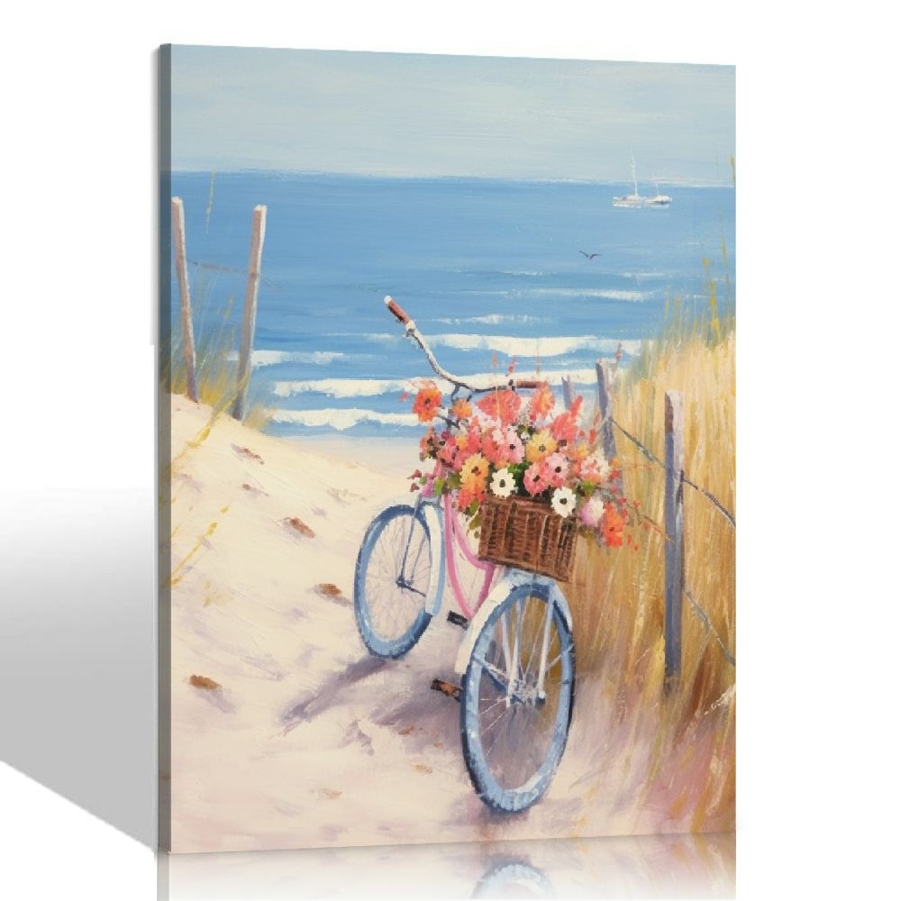 JEUXUS Bicycle Wall Art Beach Canvas Wall Art Bicycle Canvas Art Wall Decor Wall Art Bike ...