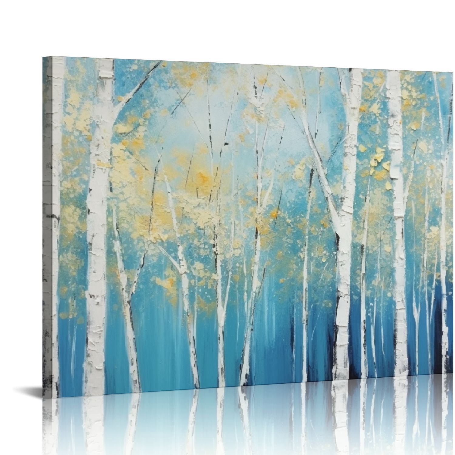 JEUXUS Birch Tree Canvas Wall Art Teal and White Color Painting with ...