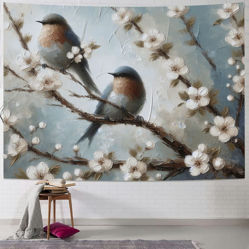 JEUXUS Birds White Flower Painting Teal Wall Art Tapestry (Multiple ...