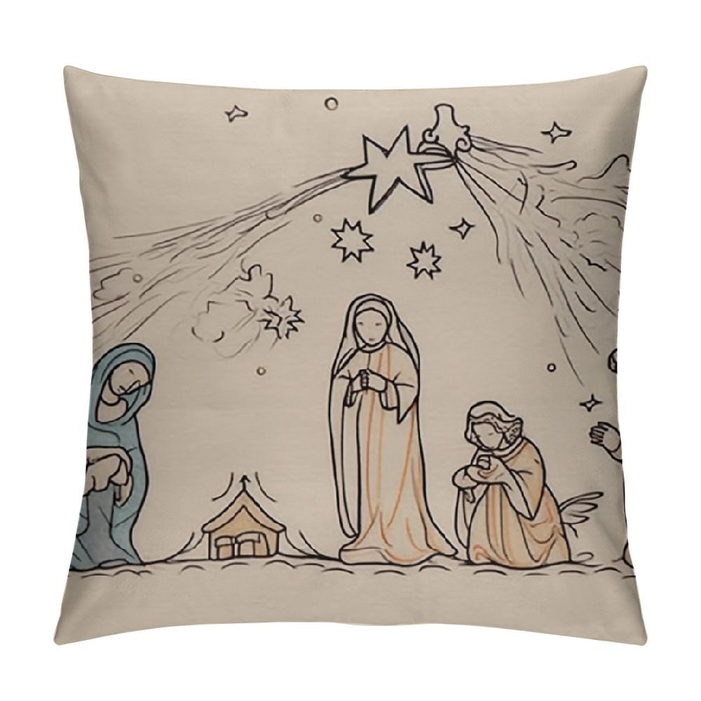 JEUXUS Birth of Jesus Line Art Christmas Pillow Covers , Nativity Decor ...