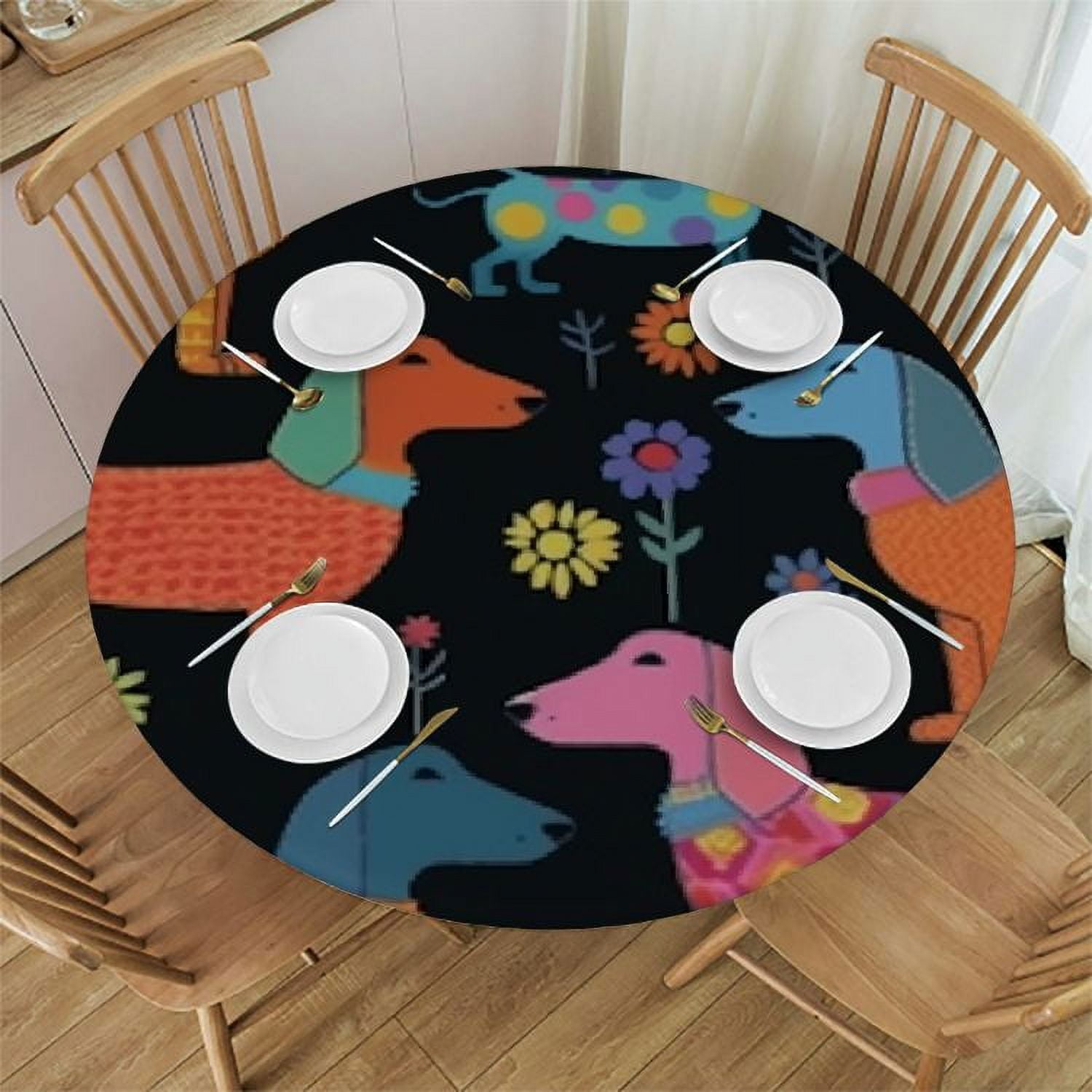 JEUXUS Black Cartoon Dachshund Puppy Dog Round Tablecloth Fitted Table ...