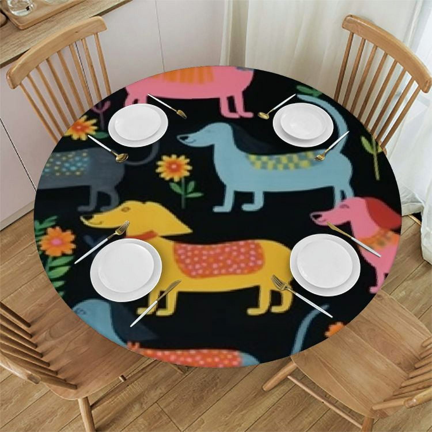 JEUXUS Black Cartoon Dachshund Puppy Dog Round Tablecloth with Elastic ...