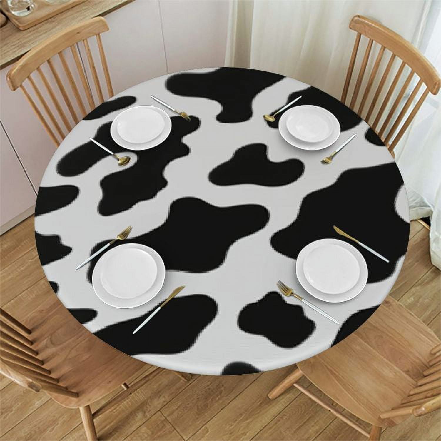 JEUXUS Black Cow Round Tablecloth Animal Cow Print Washable Table Cover ...
