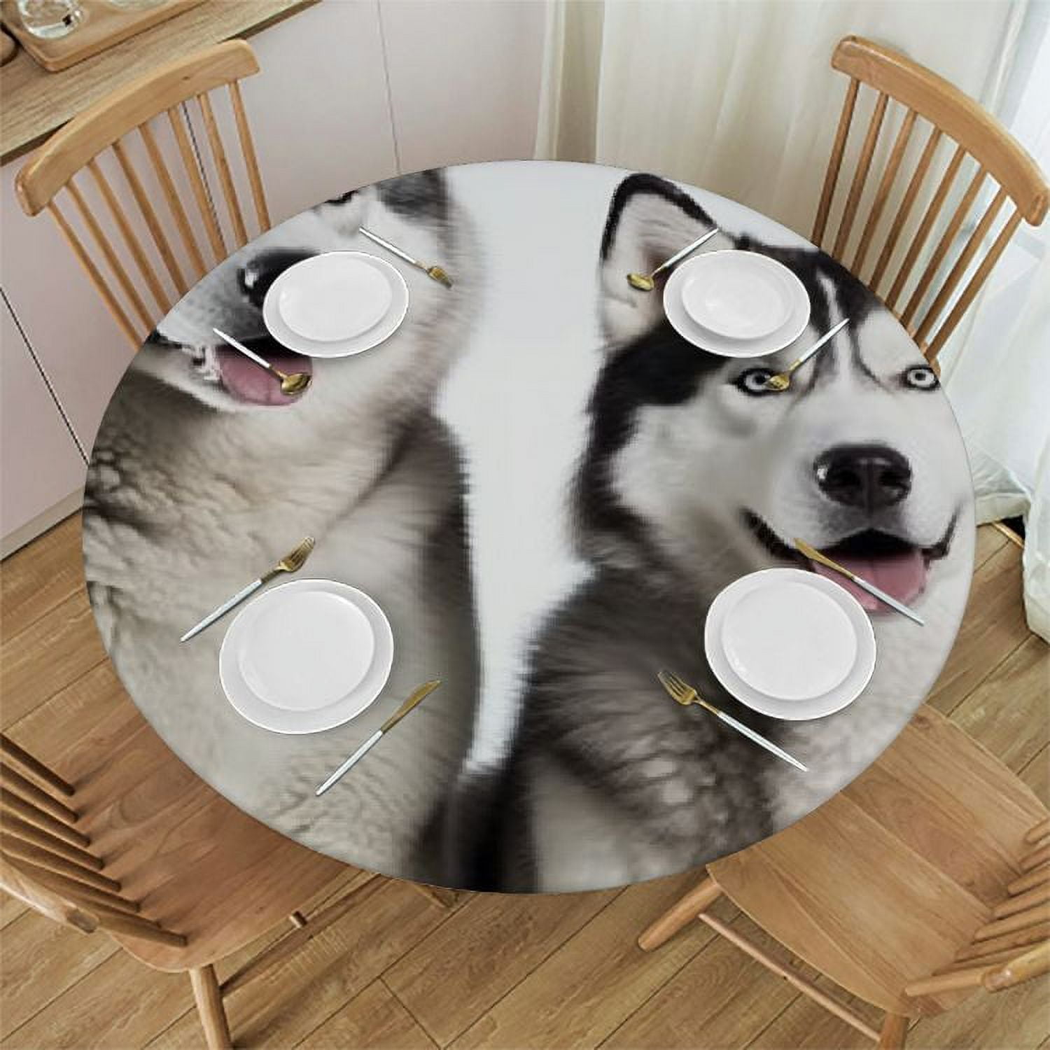 JEUXUS Black Cream White Tablecloth Toppers for Round Tables Arctic Doggies Husky Washable Spill ...