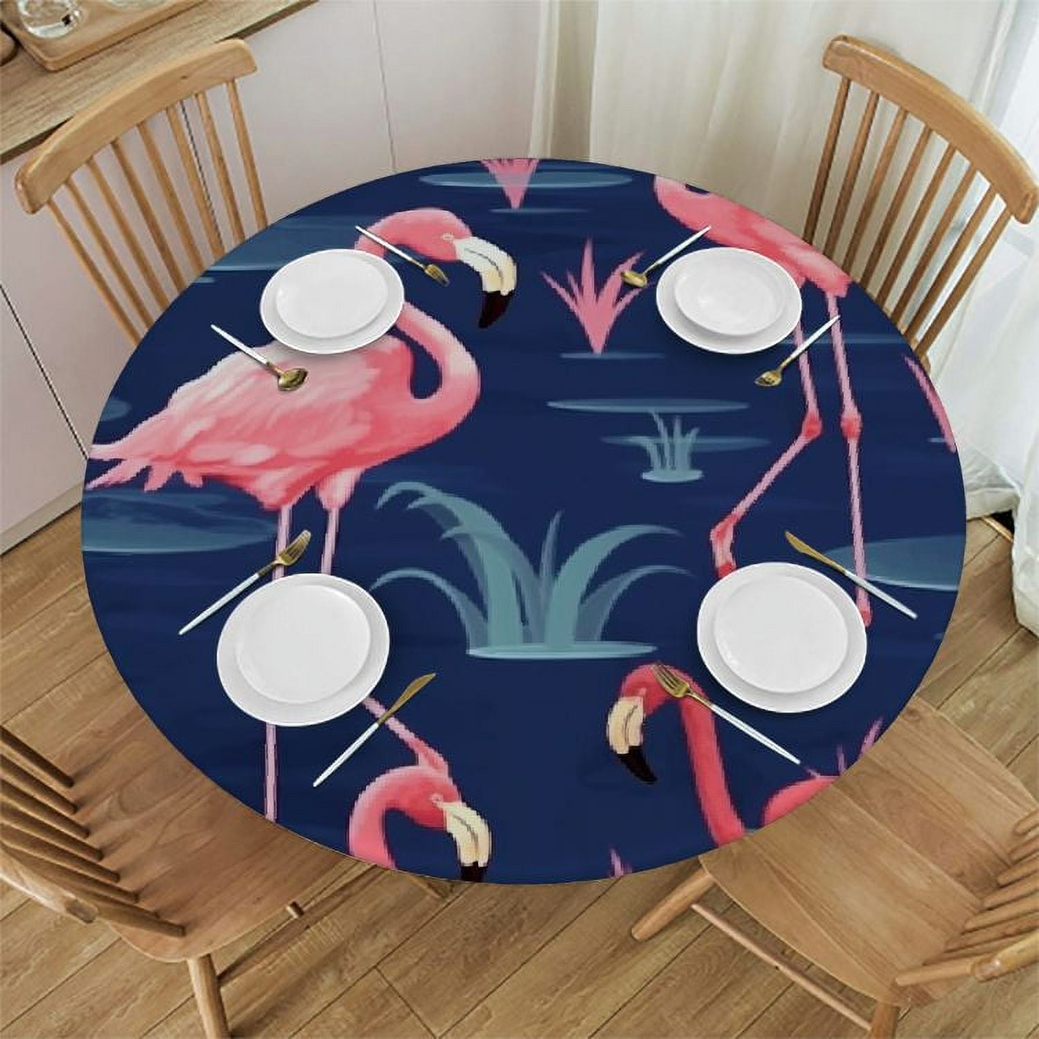 JEUXUS Black Flamingo Round Tablecloth with Elastic Edge Fitted Flamingo Table Cover Waterproof ...