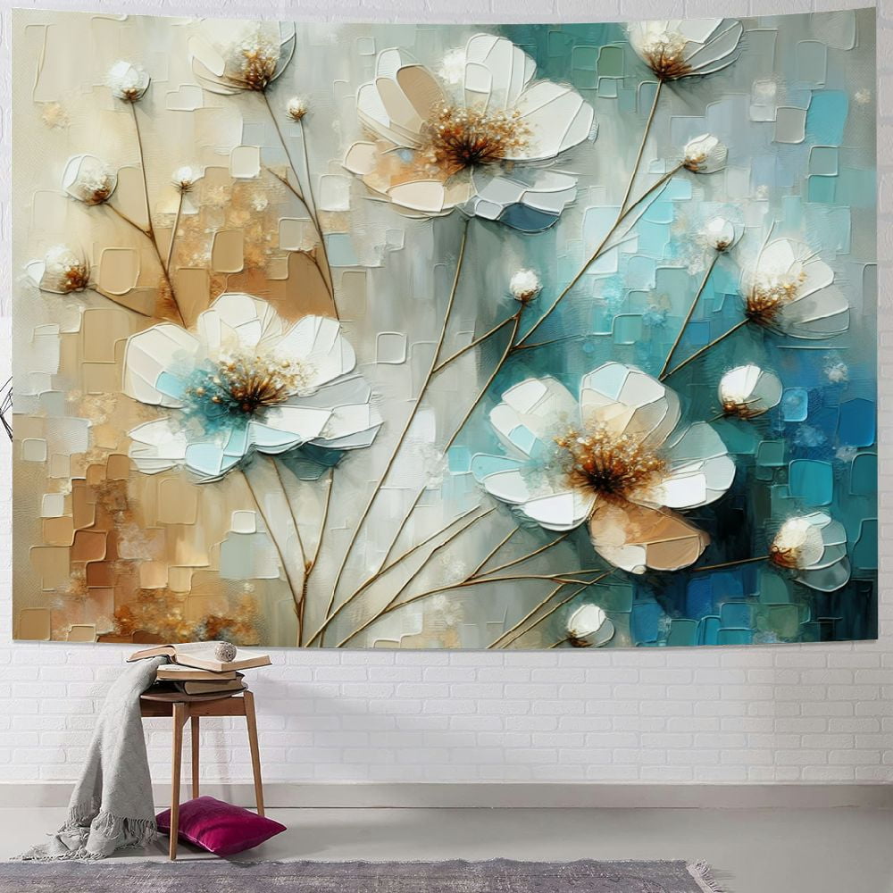 JEUXUS Blue Abstract Background White Floral Tapestry Wall Art Painting ...