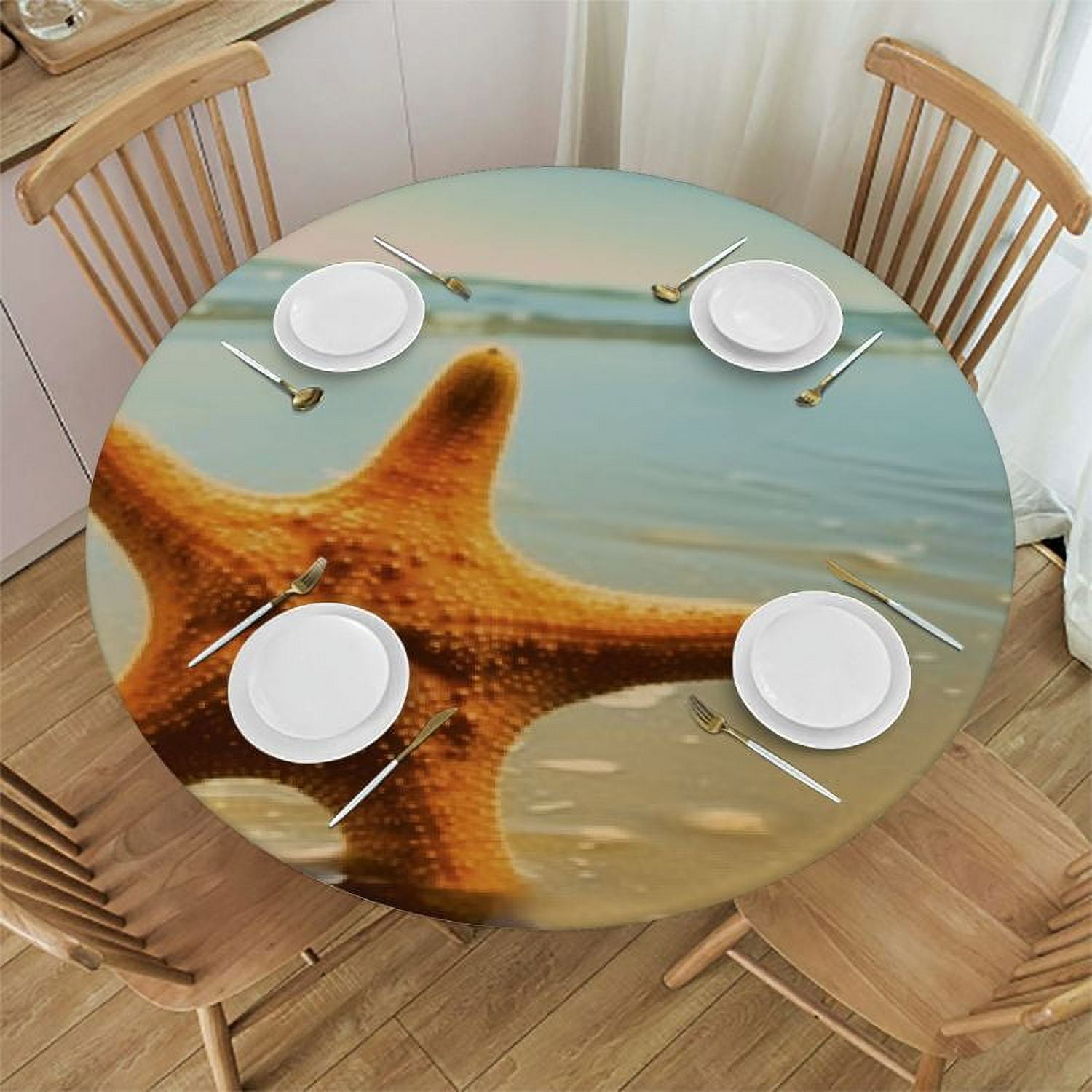 JEUXUS Blue Cream Round Table cover with Elastic Edges Fish Seashore ...