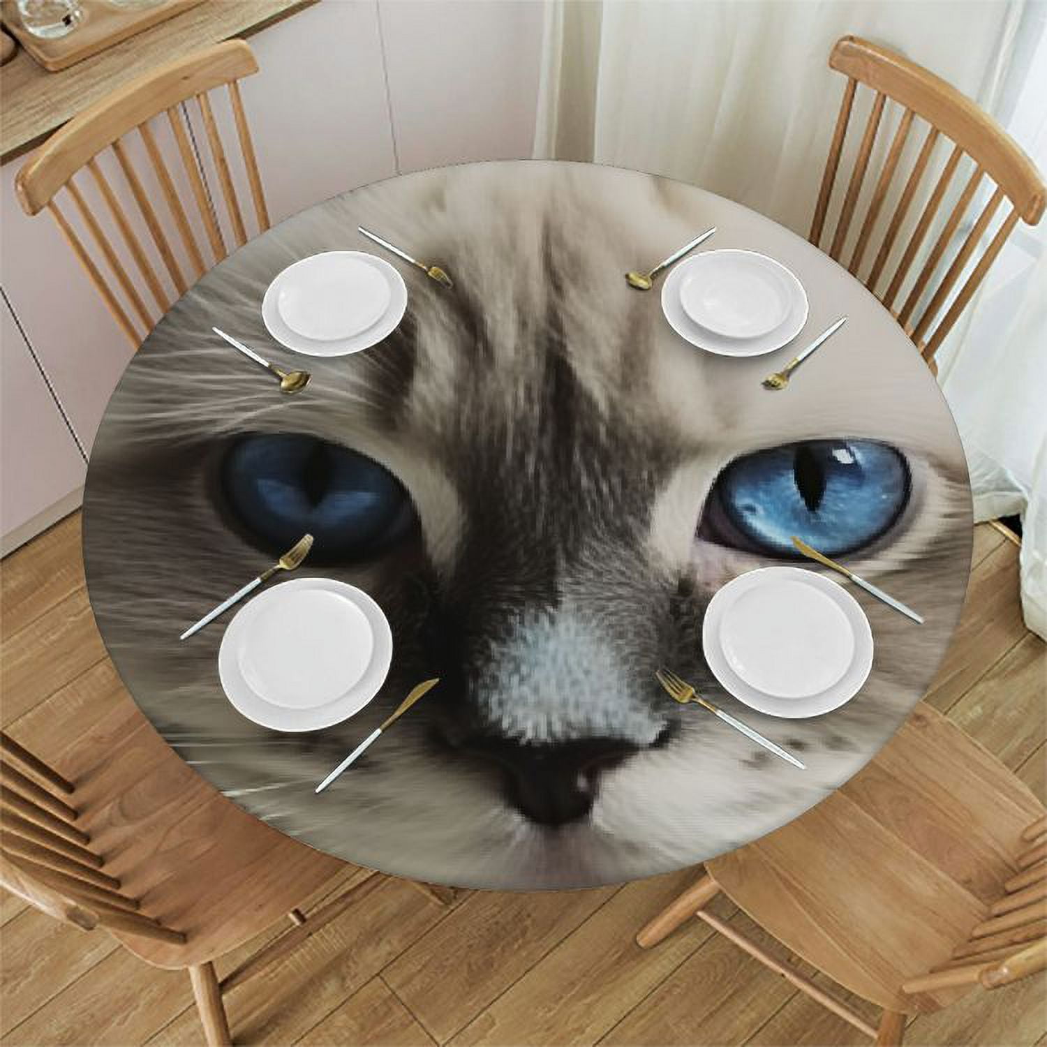 JEUXUS Blue Eyes Cat Round Table Cover Fitted Outdoor Tablecloth Home ...