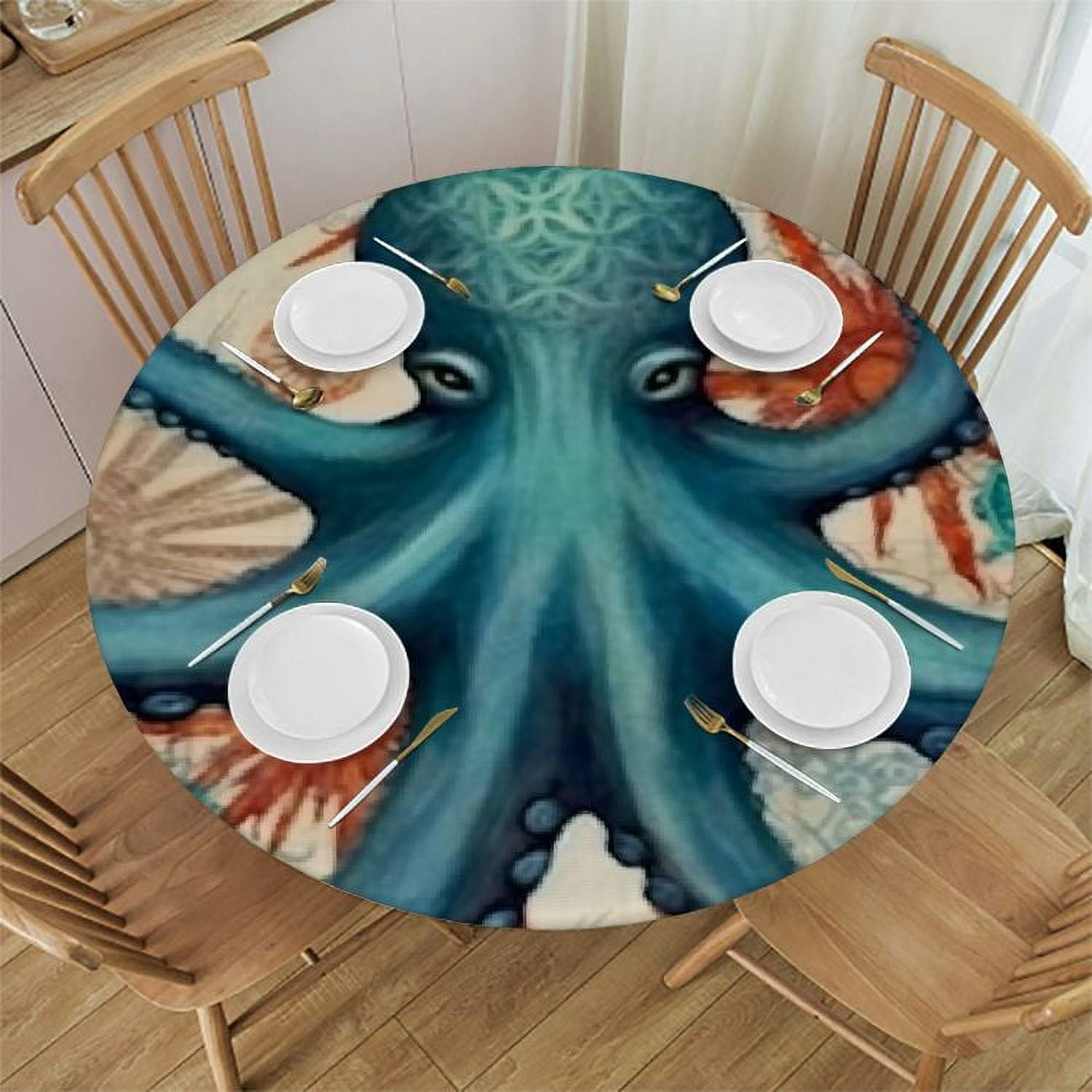 JEUXUS Blue-Green Octopus Table Cloth Seaweed Starfish Coral Sailboat ...