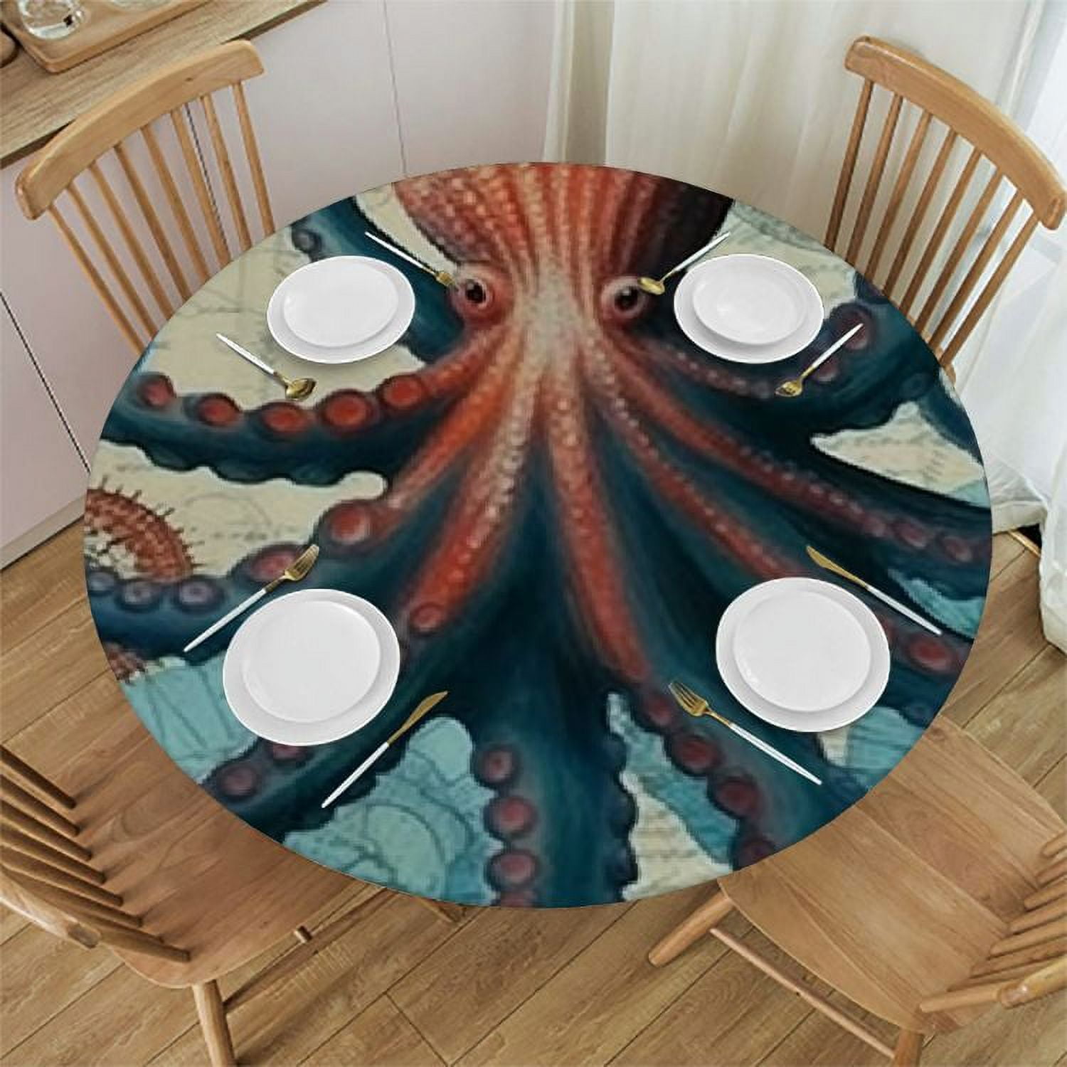 RUIYC Blue Octopus Fitted Tablecloth Round, Ocean Animal Theme Elastic ...