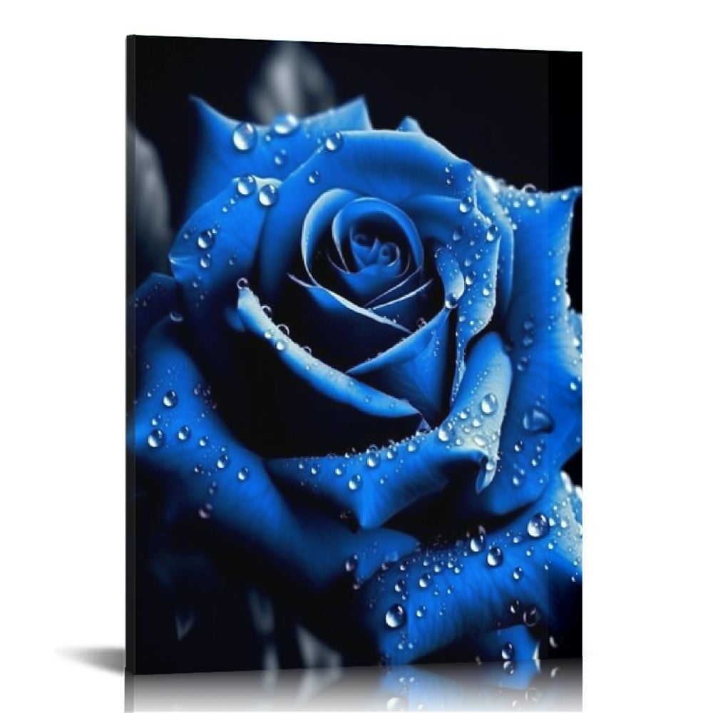 JEUXUS Blue Rose Wall Art, Rose Flowers Blossom on the Black Background ...