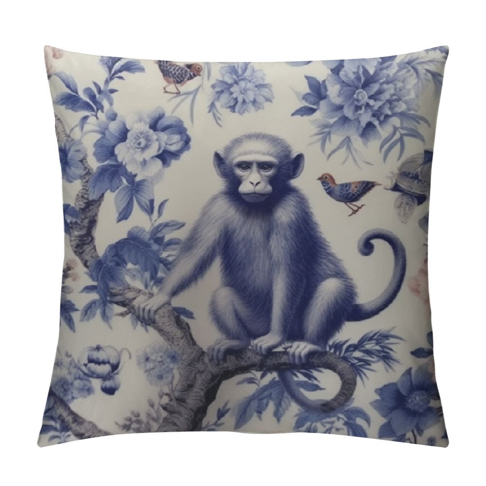 JEUXUS Blue and White Chinoiseire Monkey Tiger Decorative Pillow Covers ...