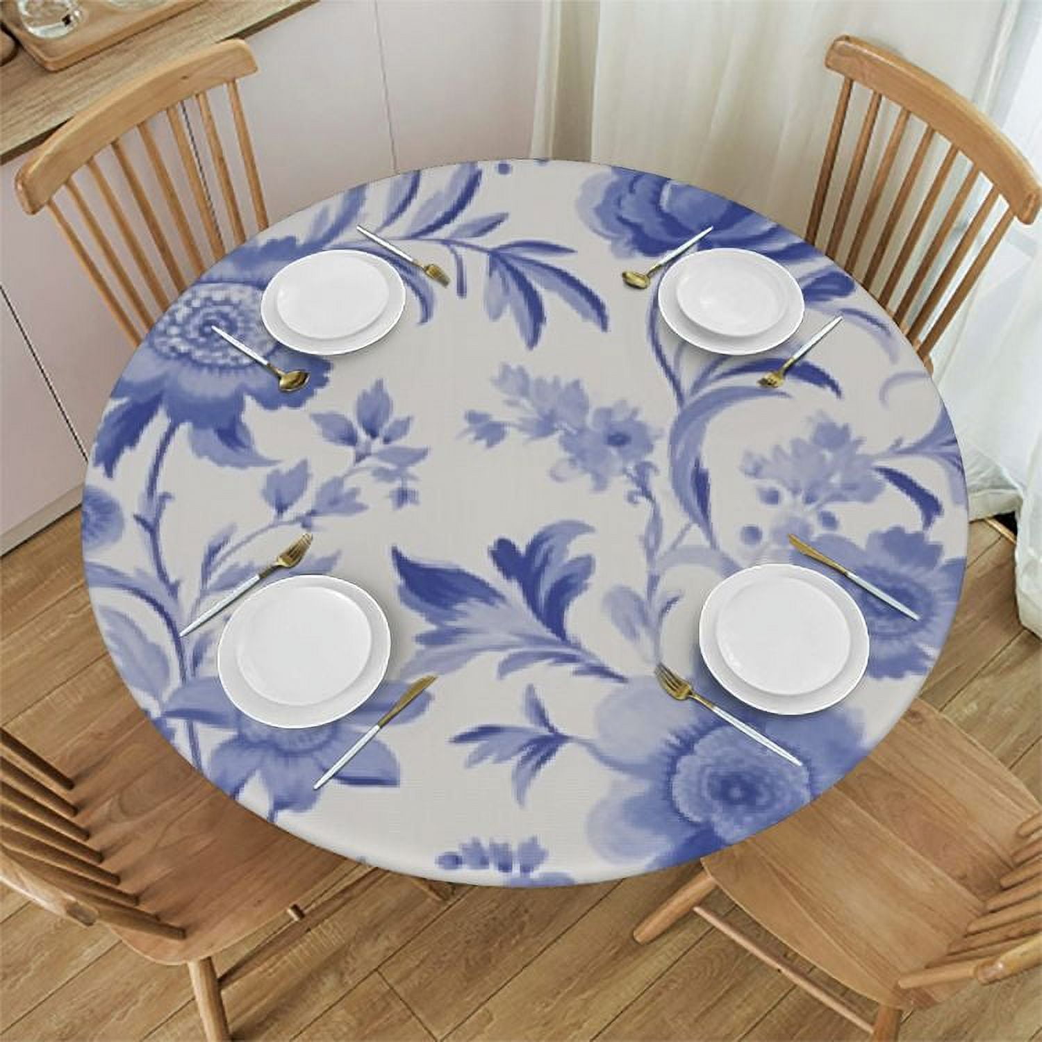 JEUXUS Blue White Floral Round Table cover Spring Floral Farmhouse ...