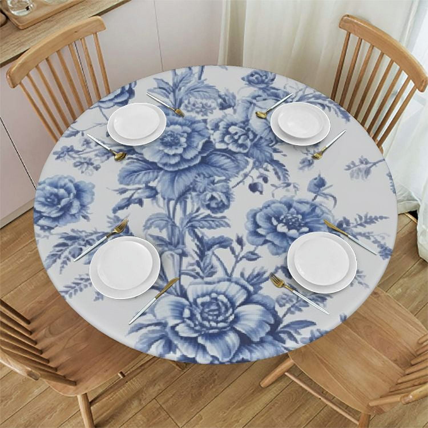 JEUXUS Blue White Floral Round Table cover Vintage Flower Table cover ...