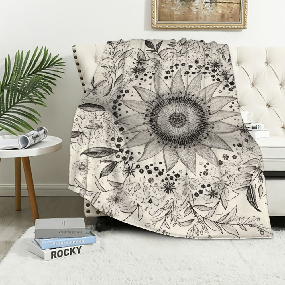 JEUXUS Boho Bohemian Throw Blanket, Beige White Floral Cozy Nap Throws ...