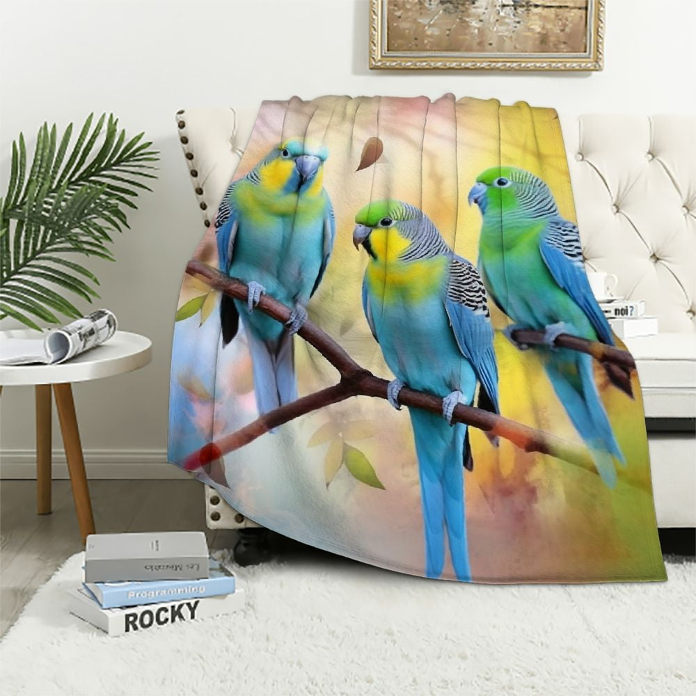 JEUXUS Budgie Bird on Branch Print Throw Blanket, Parrot Soft Throw ...