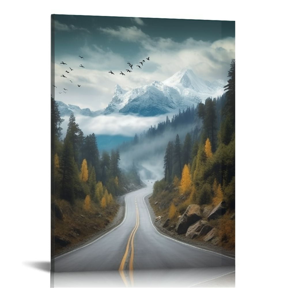 JEUXUS Canvas Paintings Wall Art Highway Poster Snow Mountain Scenery ...
