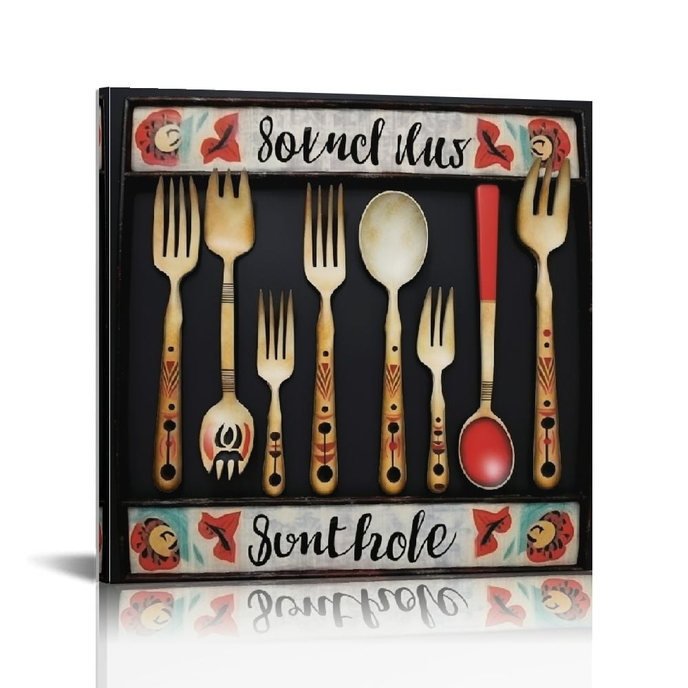 JEUXUS Canvas Print Artwork Cooking with Love Kitchen Vintage Cutlery ...