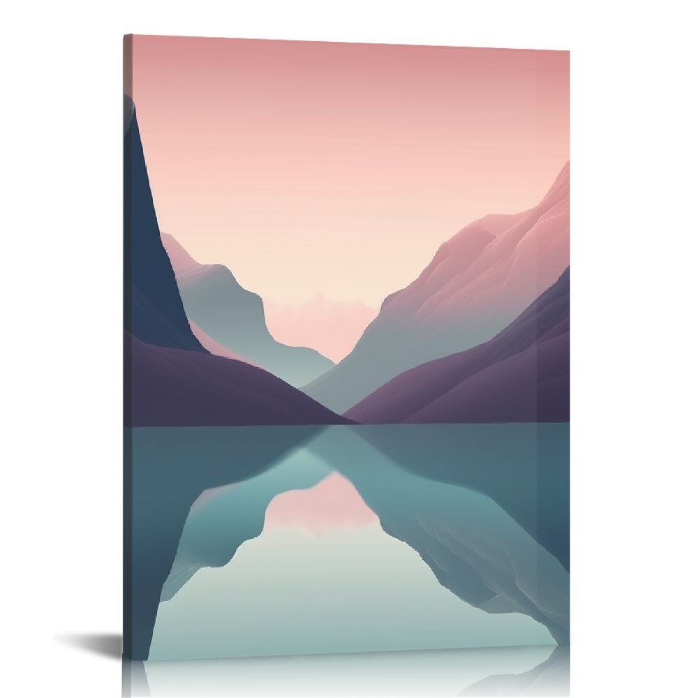 JEUXUS Canvas Print Wall Art Multicolor Green Mountain Water Reflection Nature Sky Illustrations ...