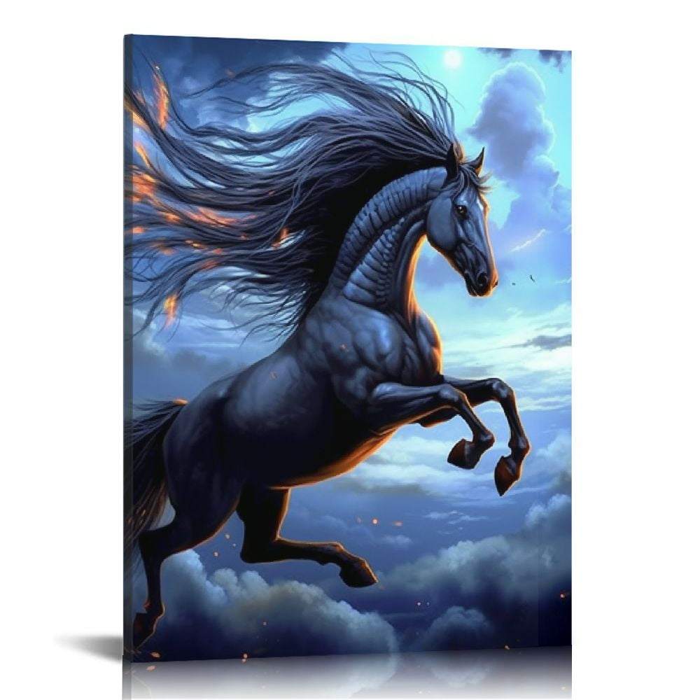 JEUXUS Canvas Wall Art Black Horse At Night Unframed Prints Painting ...