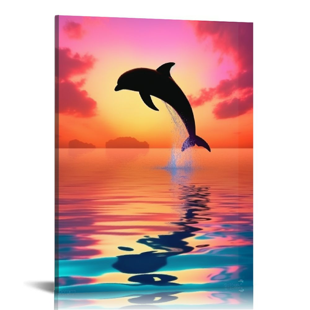 JEUXUS Canvas Wall Art Dolphin Painting - 16x20 inches Sunset Blue and ...