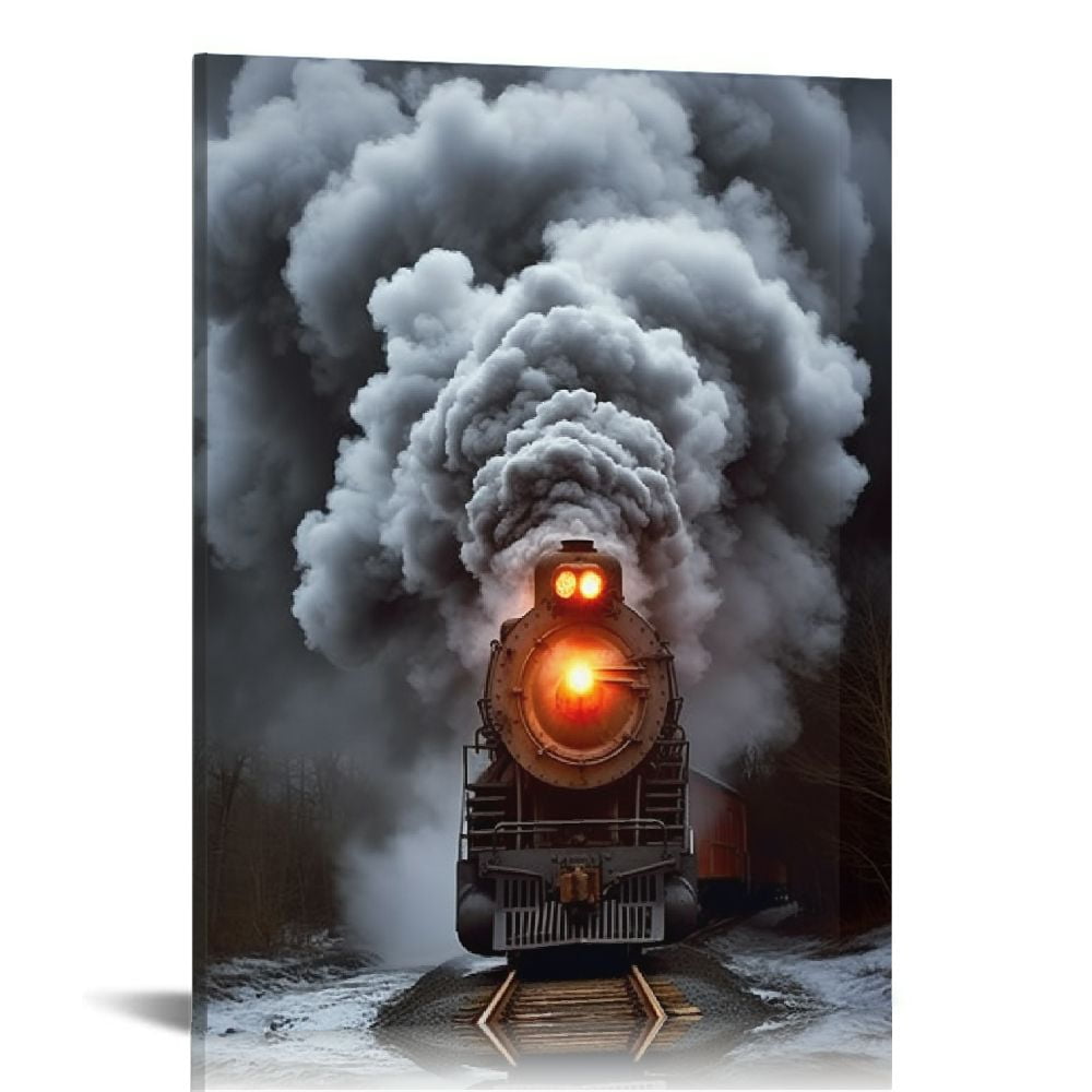 JEUXUS Canvas Wall Art Print Steam Train Roaming on The Tracks Smokey ...