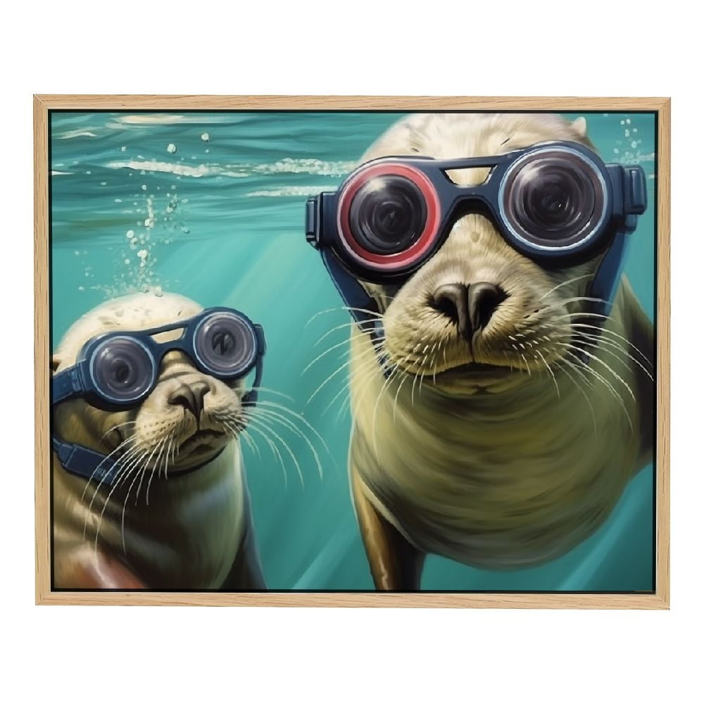 JEUXUS Canvas Wall Art Underwater Seals Sealife Framed On Canvas Wall ...