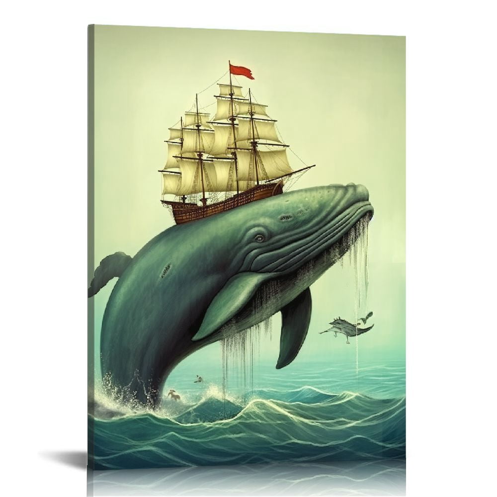 JEUXUS Canvas Wall Art Watercolor Whale Painting Nautical Ocean Print ...