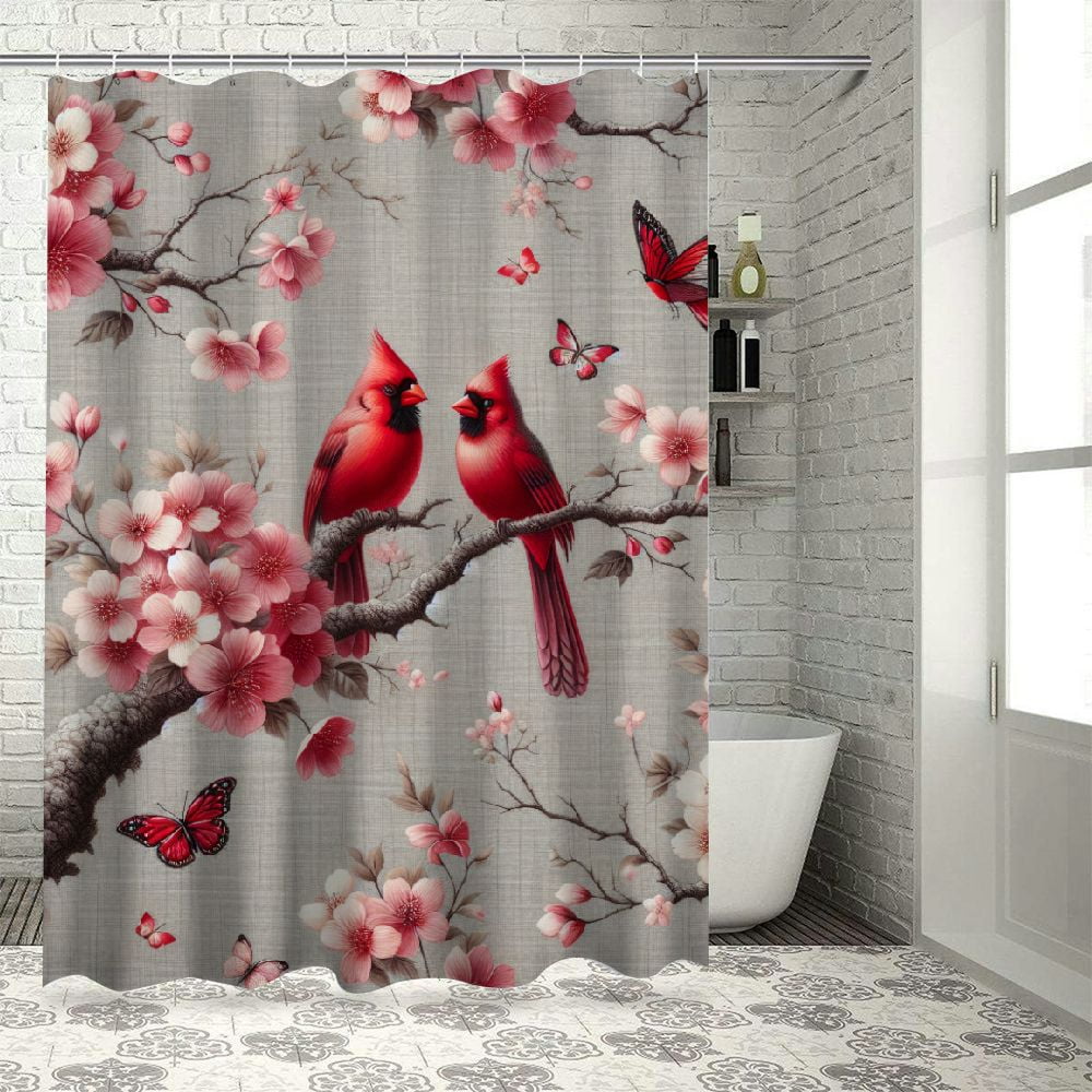JEUXUS Cardinals Birds Cherry Flowers Cozy&Soft Shower Curtain Set ...