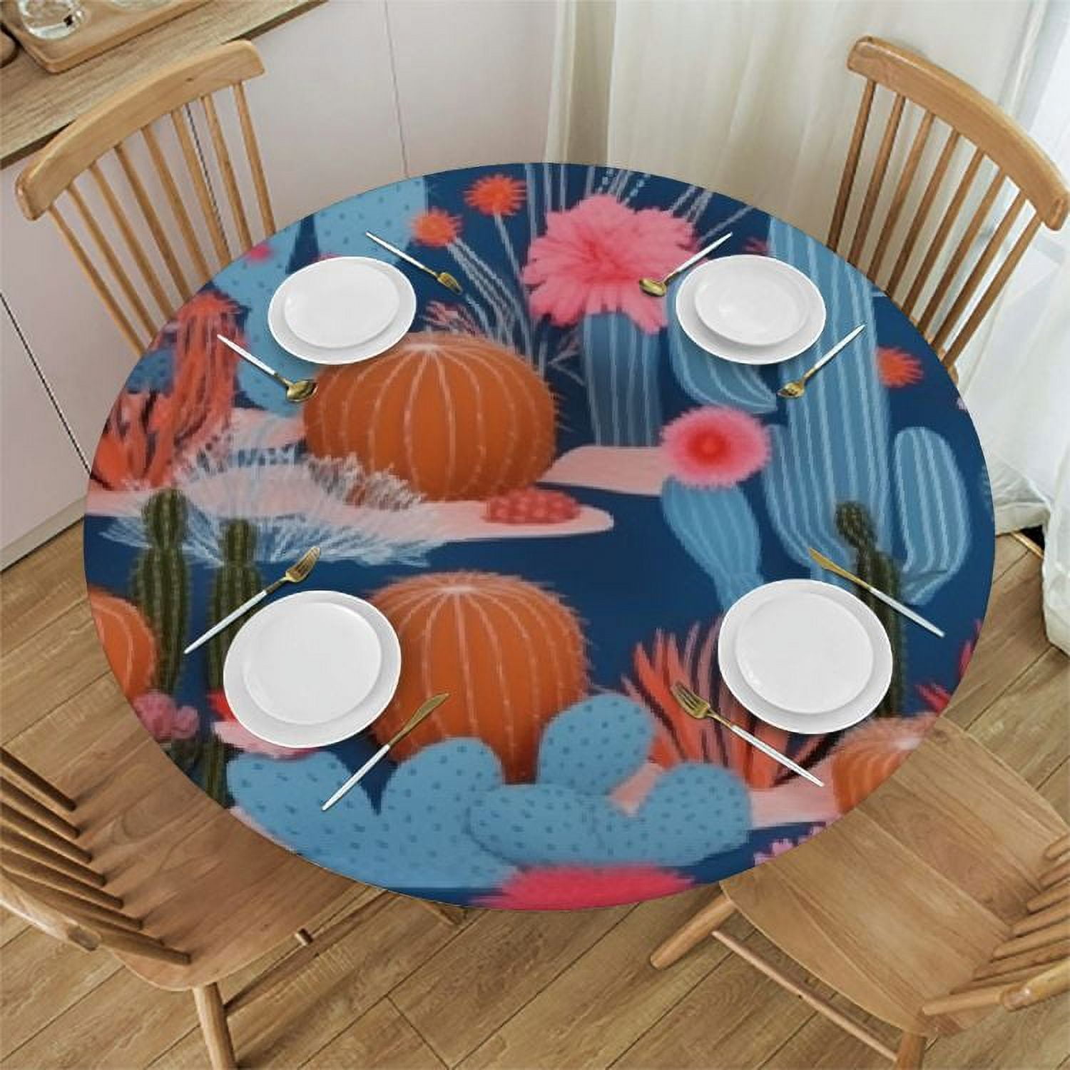JEUXUS Cartoon Cactus Pattern Round Fitted Table Cloth with Elastic ...